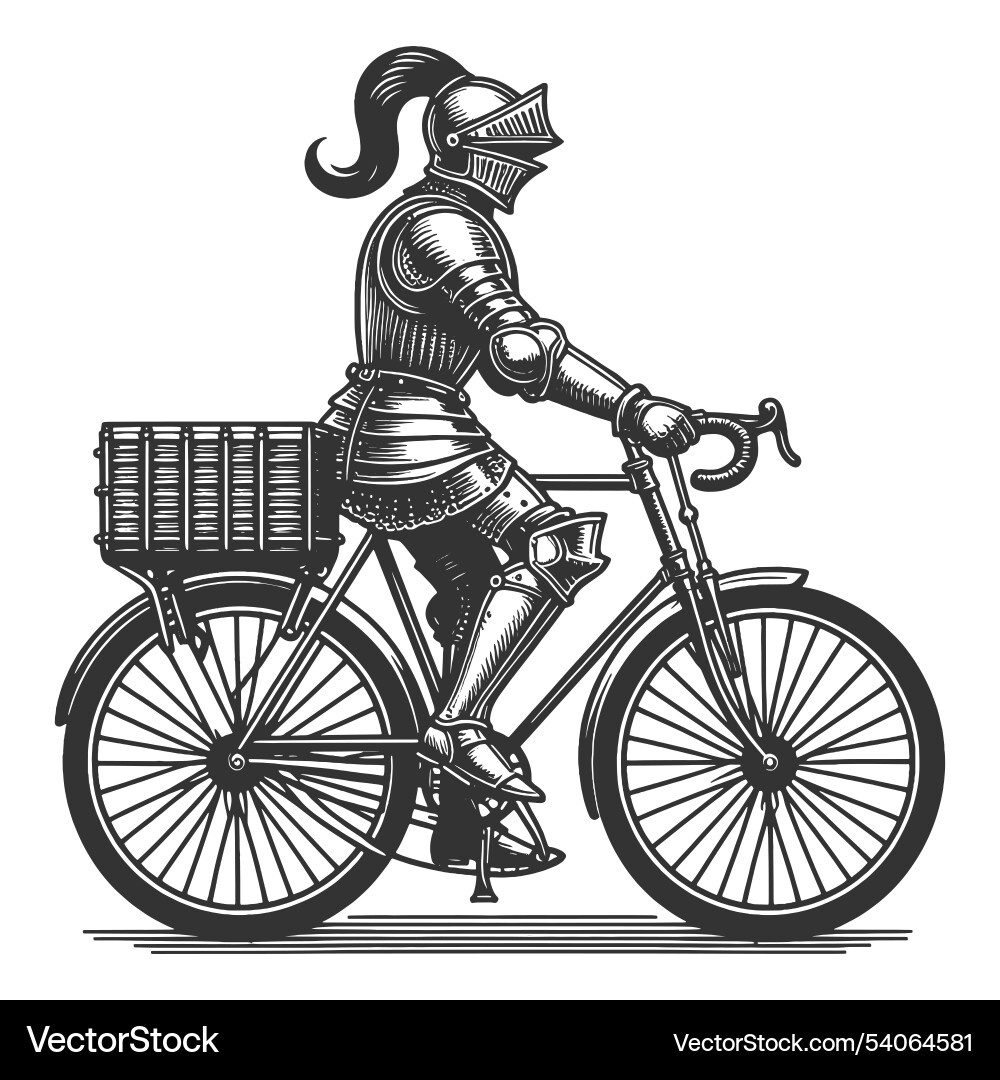 Medieval knight riding bicycle engraving Vector Image