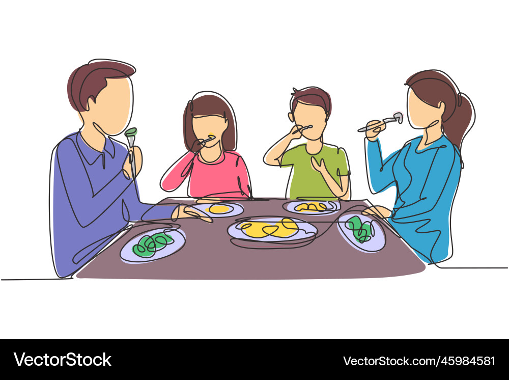 Single continuous line drawing family eating meal Vector Image