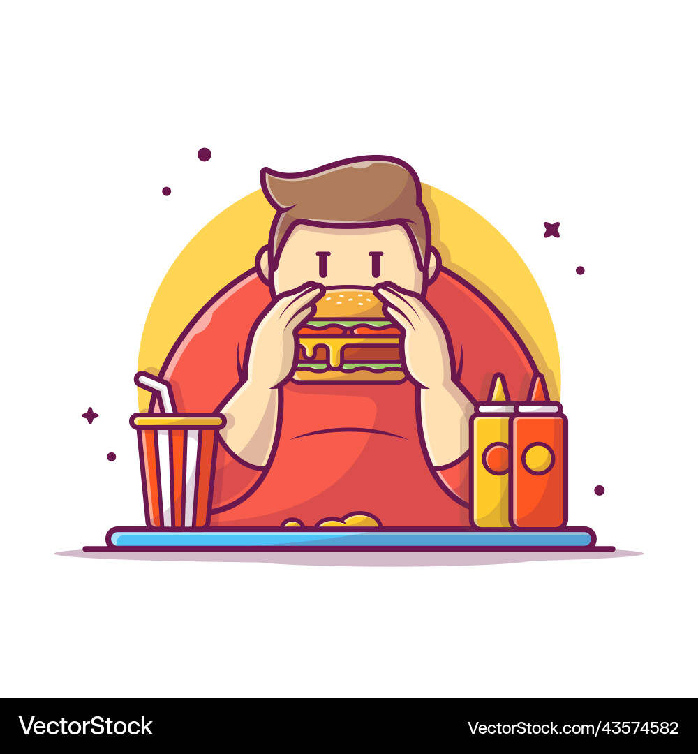 Fat guy eating burger soft drink mustard cartoon Vector Image