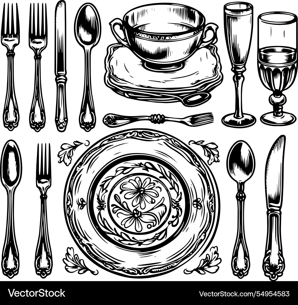 Elegant tableware and cutlery engraving Royalty Free Vector