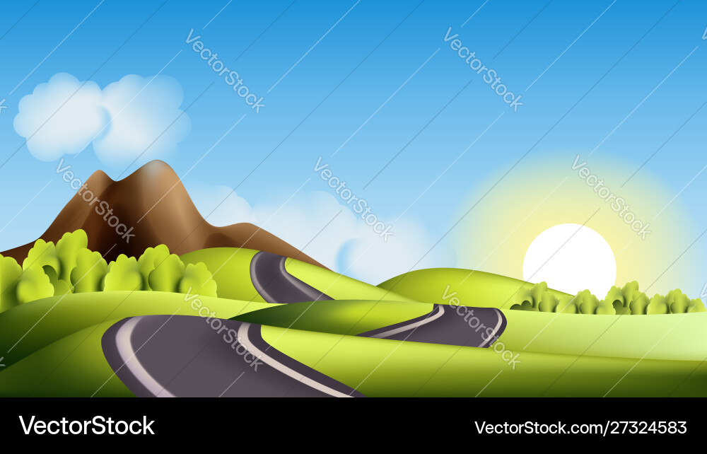 Landscape with hills road and sun Royalty Free Vector Image