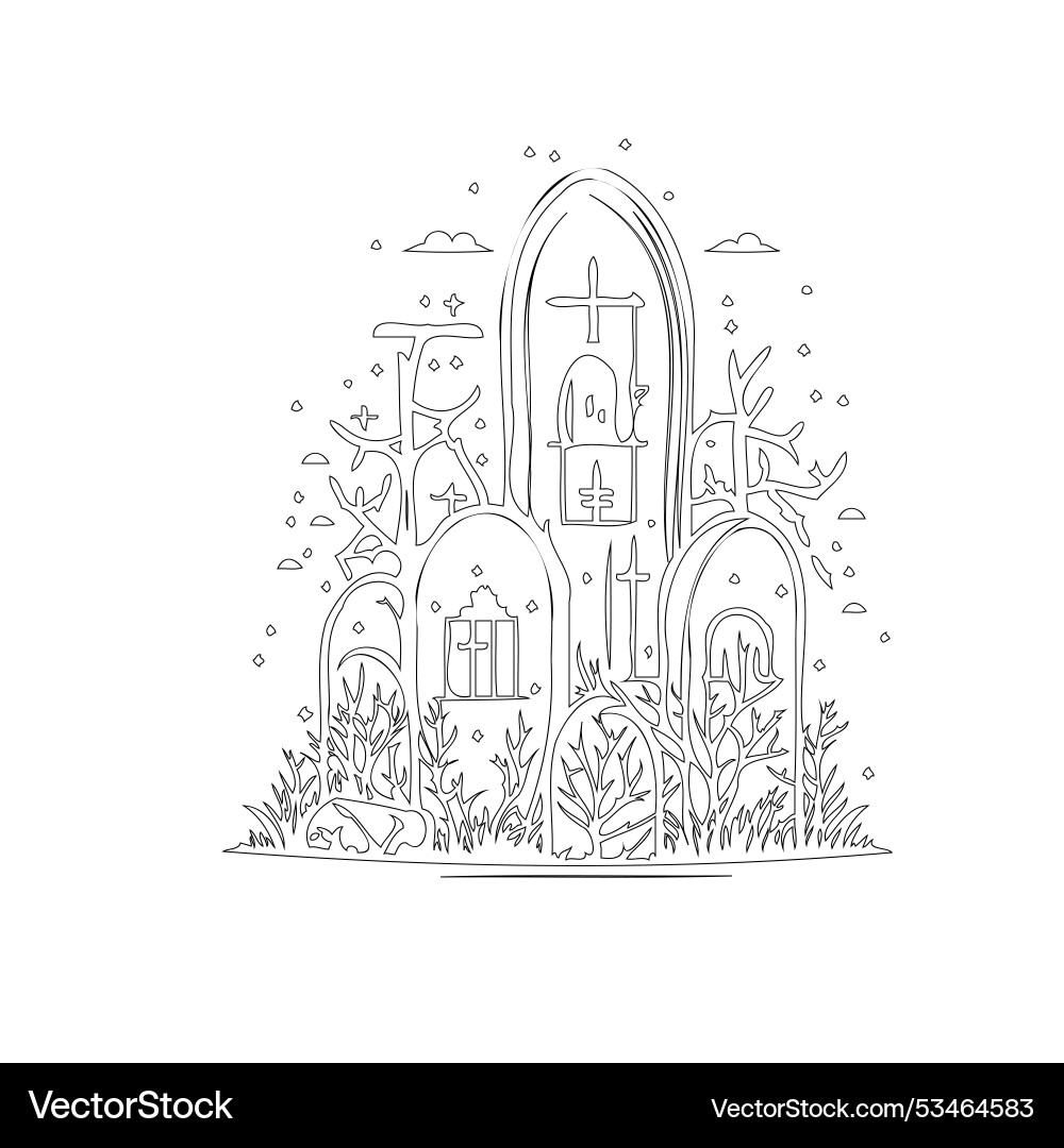 Scary graveyard outline sketch Royalty Free Vector Image