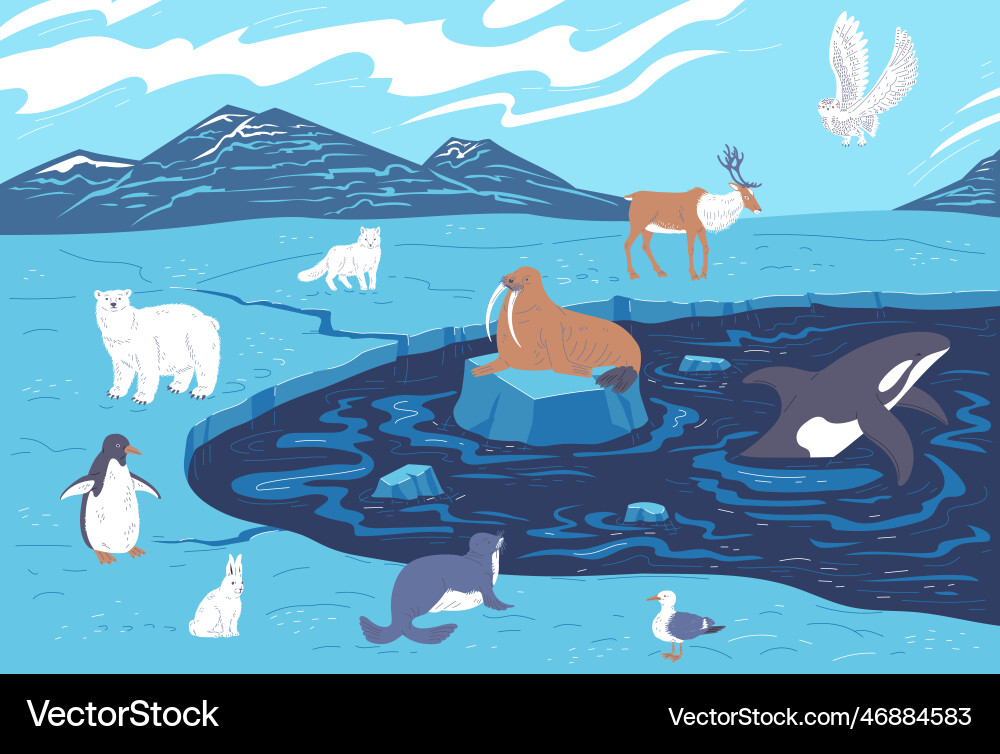 Various arctic animals on glaciers cartoon flat Vector Image