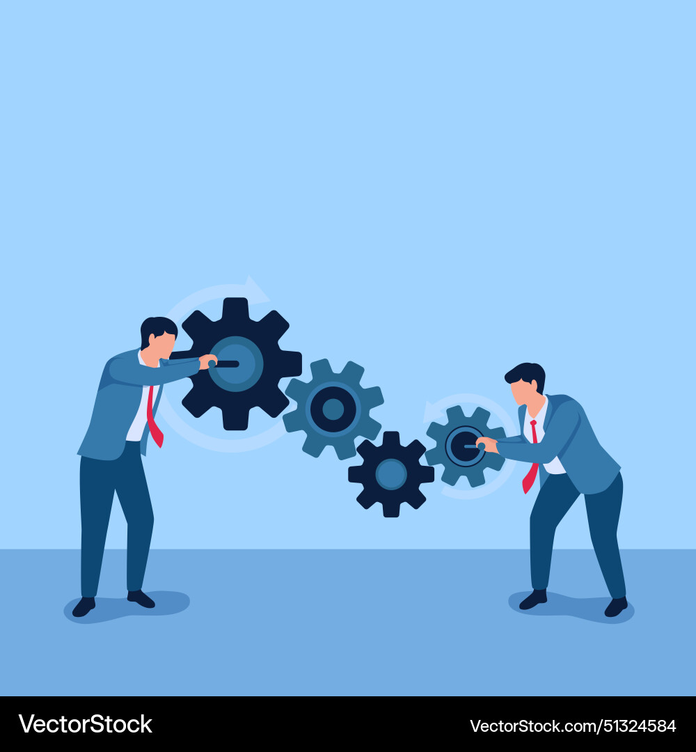 Two people rotate gears in opposite directions Vector Image