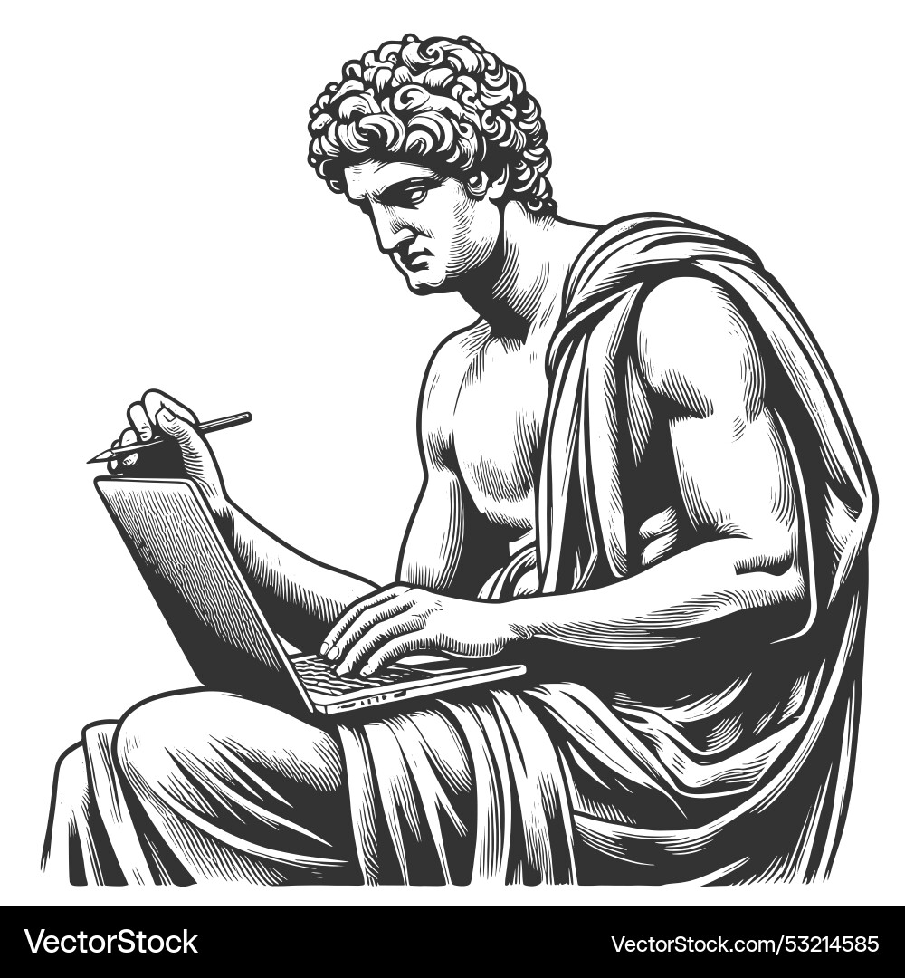 Classical statue works on laptop engraving Vector Image