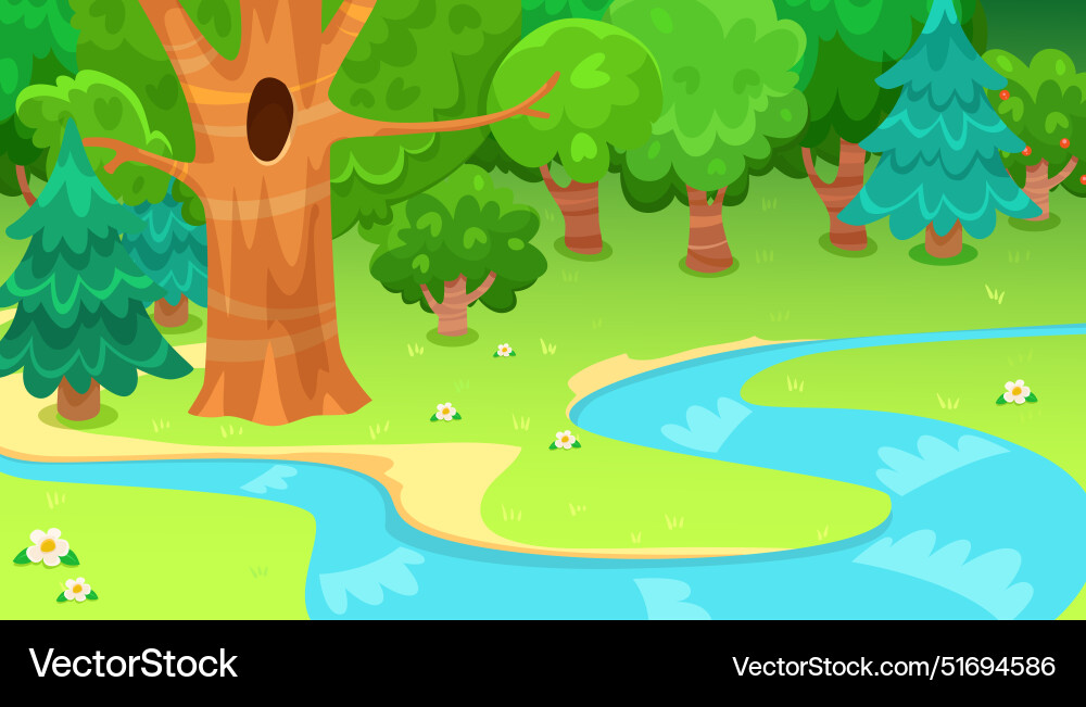Cartoon landscape featuring trees river Royalty Free Vector