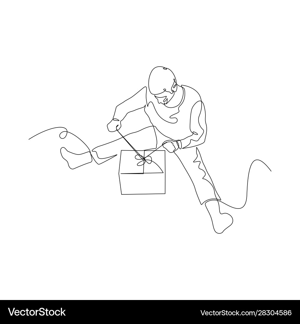 Continuous one line man on floor opens a gift Vector Image