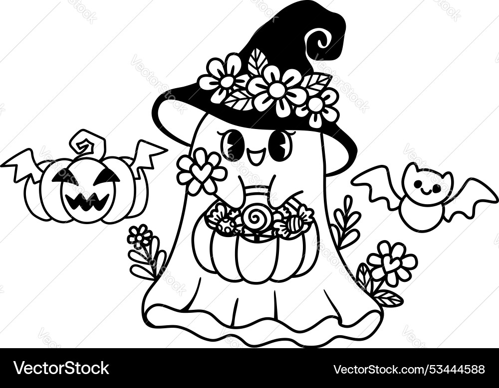 Drawing cute ghost cute bat and cute halloween Vector Image