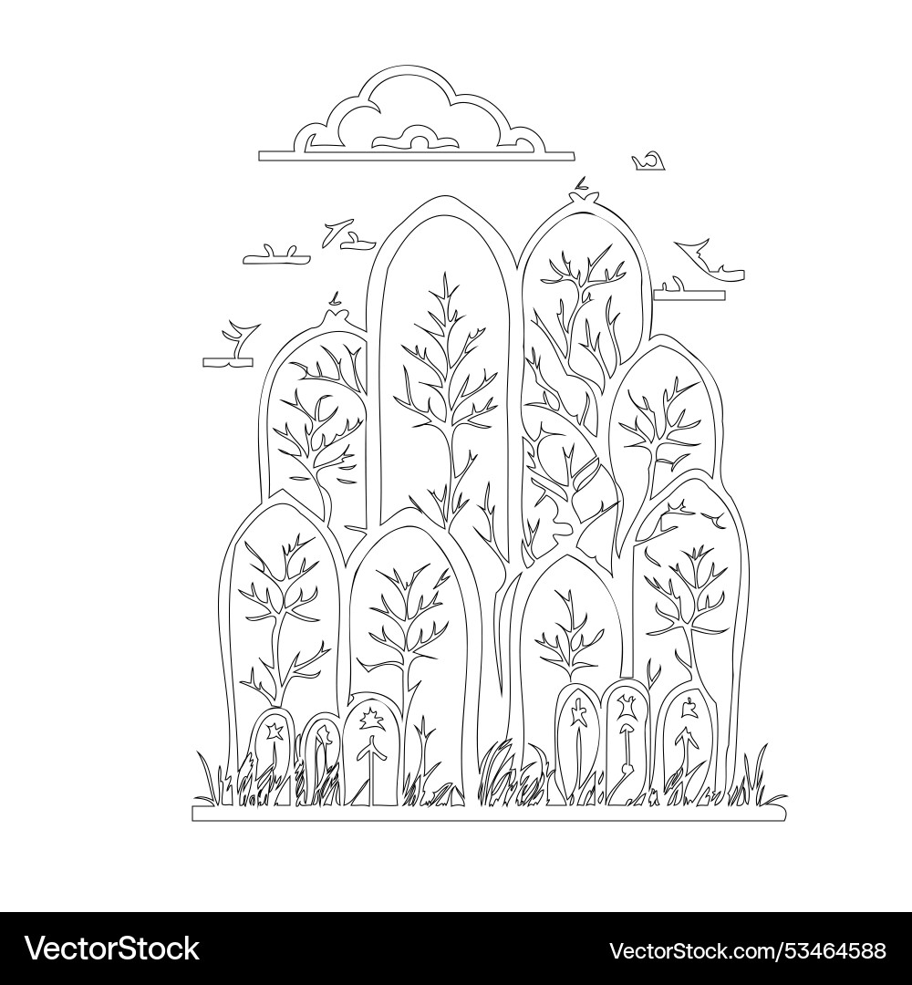 Scary graveyard outline sketch Royalty Free Vector Image