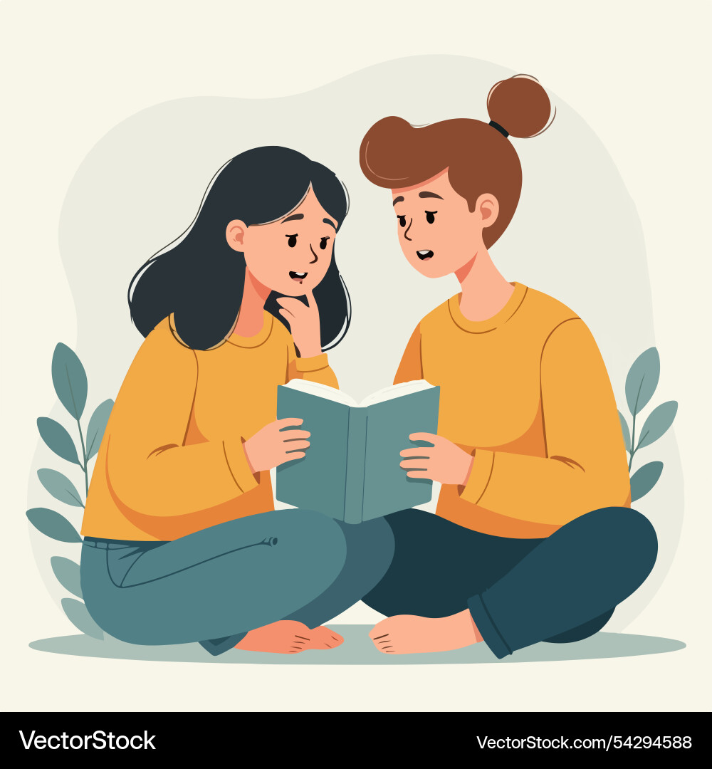Two girls are studying together while reading Vector Image