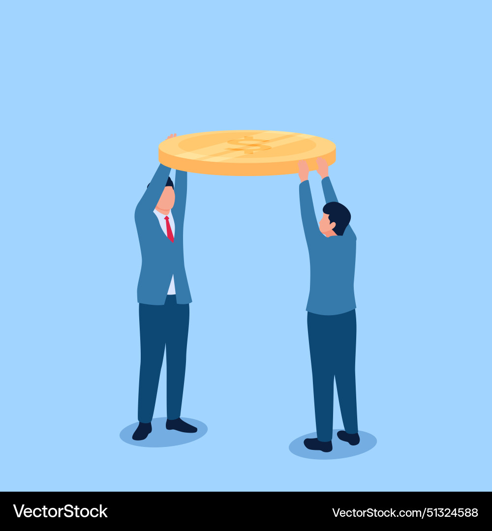 Two people lifting a coin together metaphor Vector Image