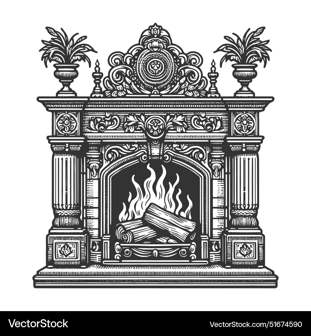Classic fireplace engraving Royalty Free Vector Image