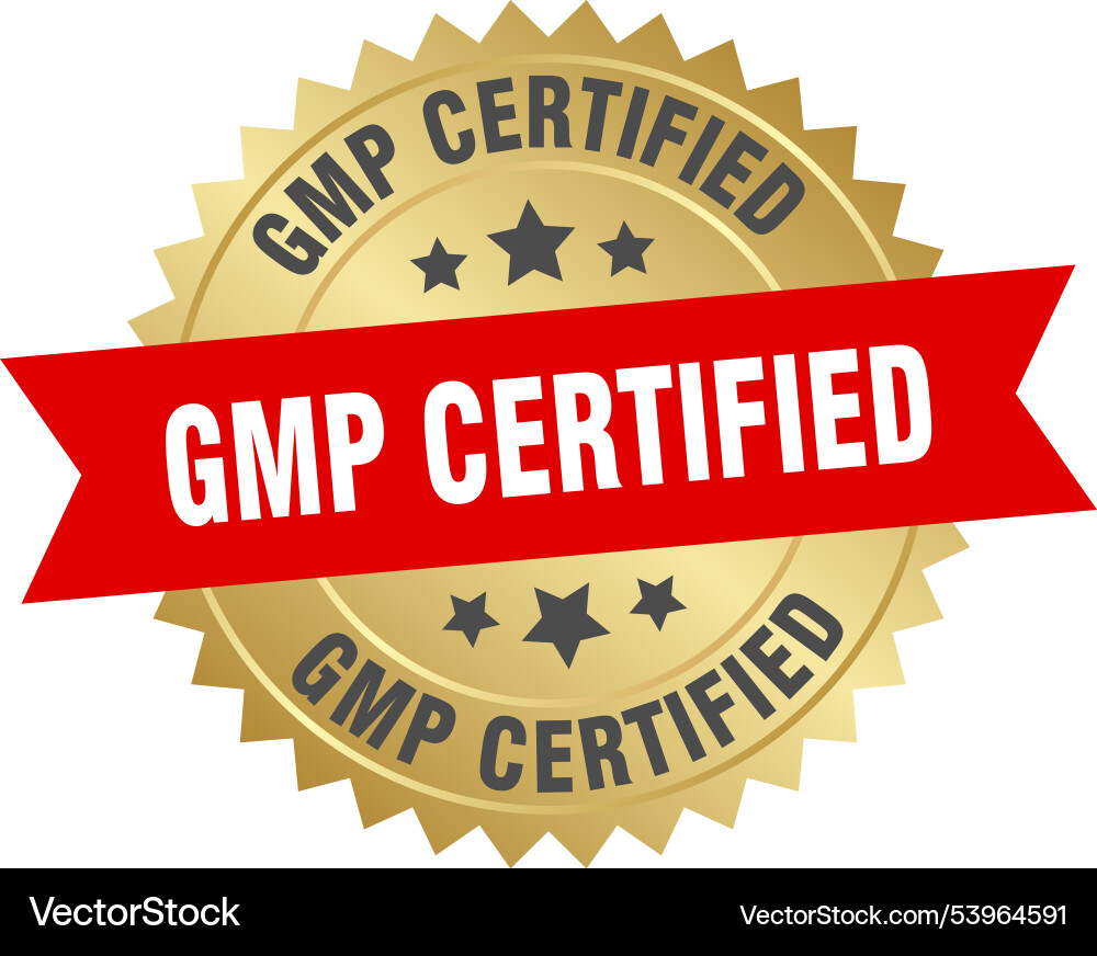 Gmp certified round red and gold Royalty Free Vector Image