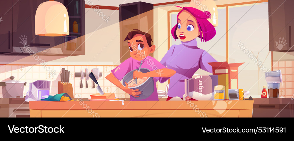 Mother and son in home kitchen cook for dinner Vector Image