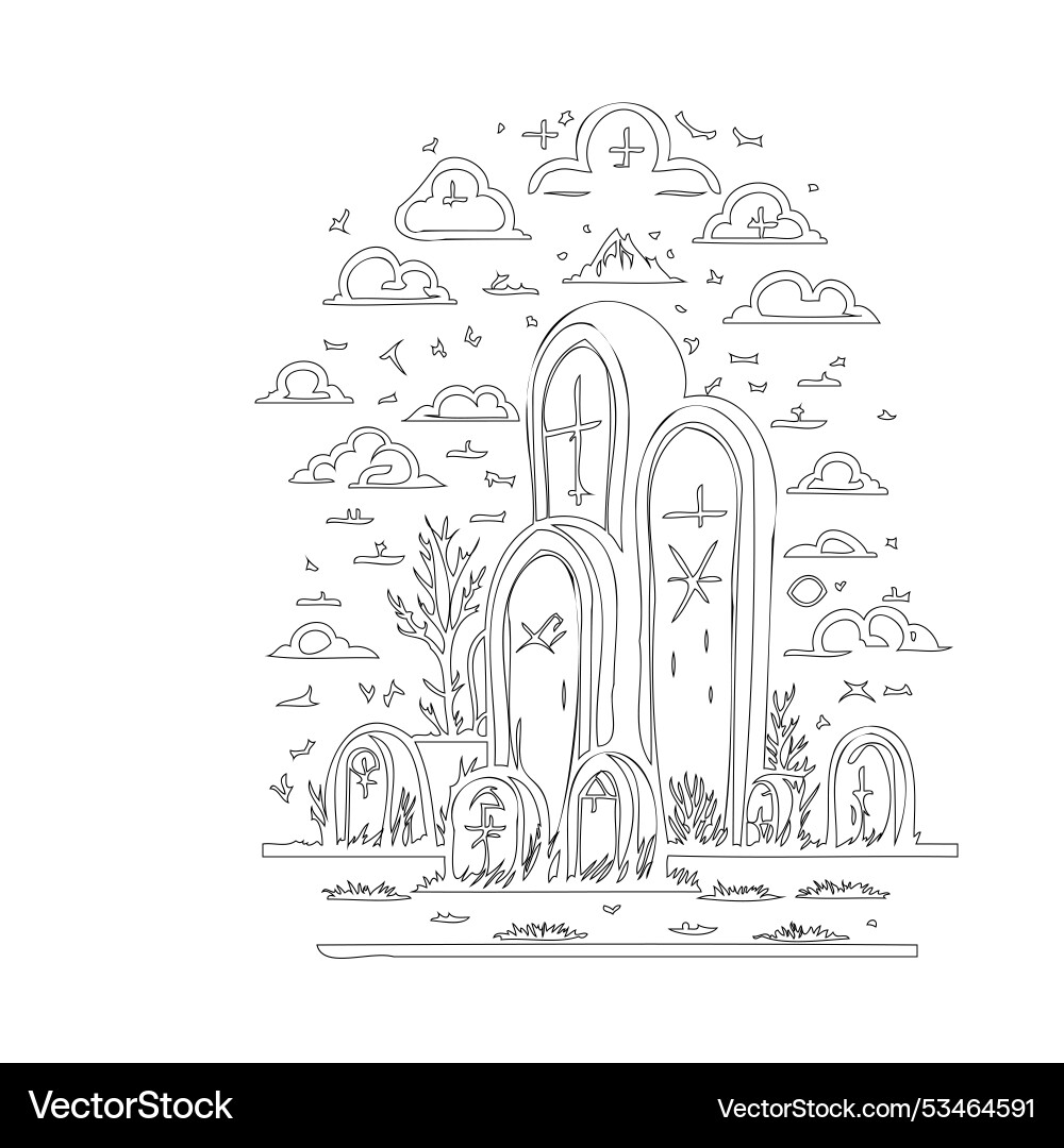 Scary graveyard outline sketch Royalty Free Vector Image