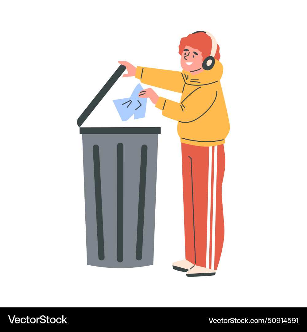 Young man throwing garbage in trash bin cartoon Vector Image