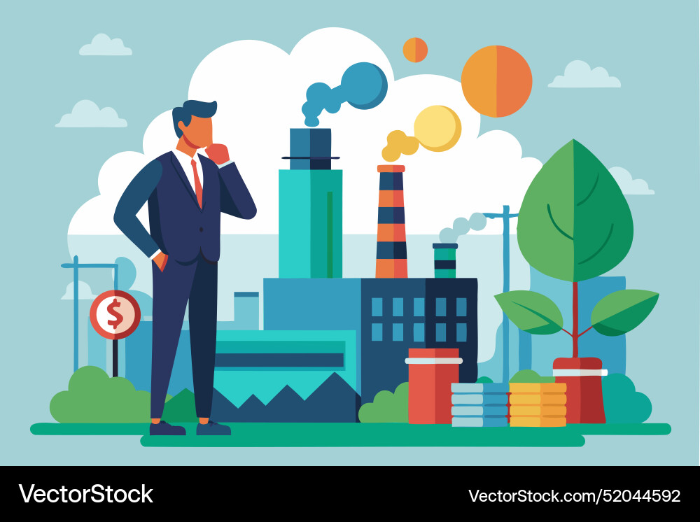 Businessman evaluating factory emissions Vector Image