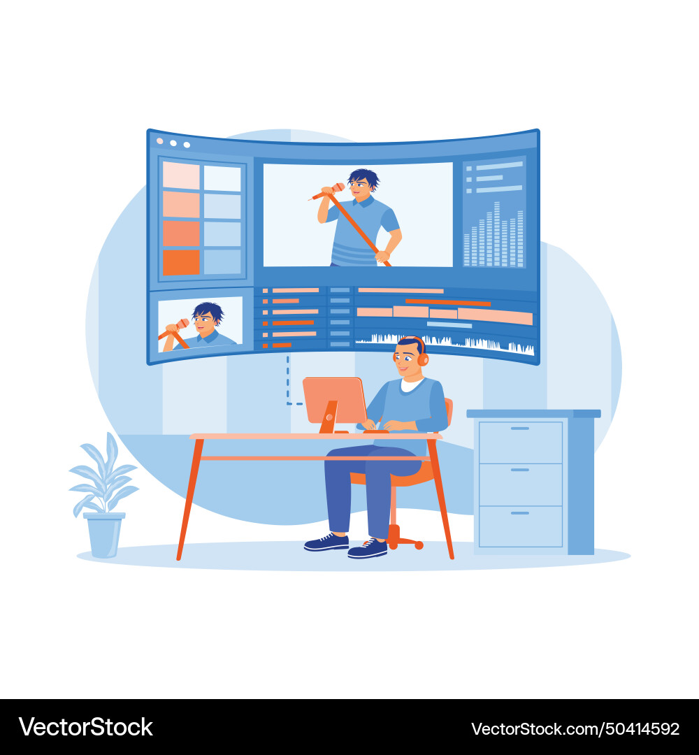 Male video editor using headphones editing Vector Image