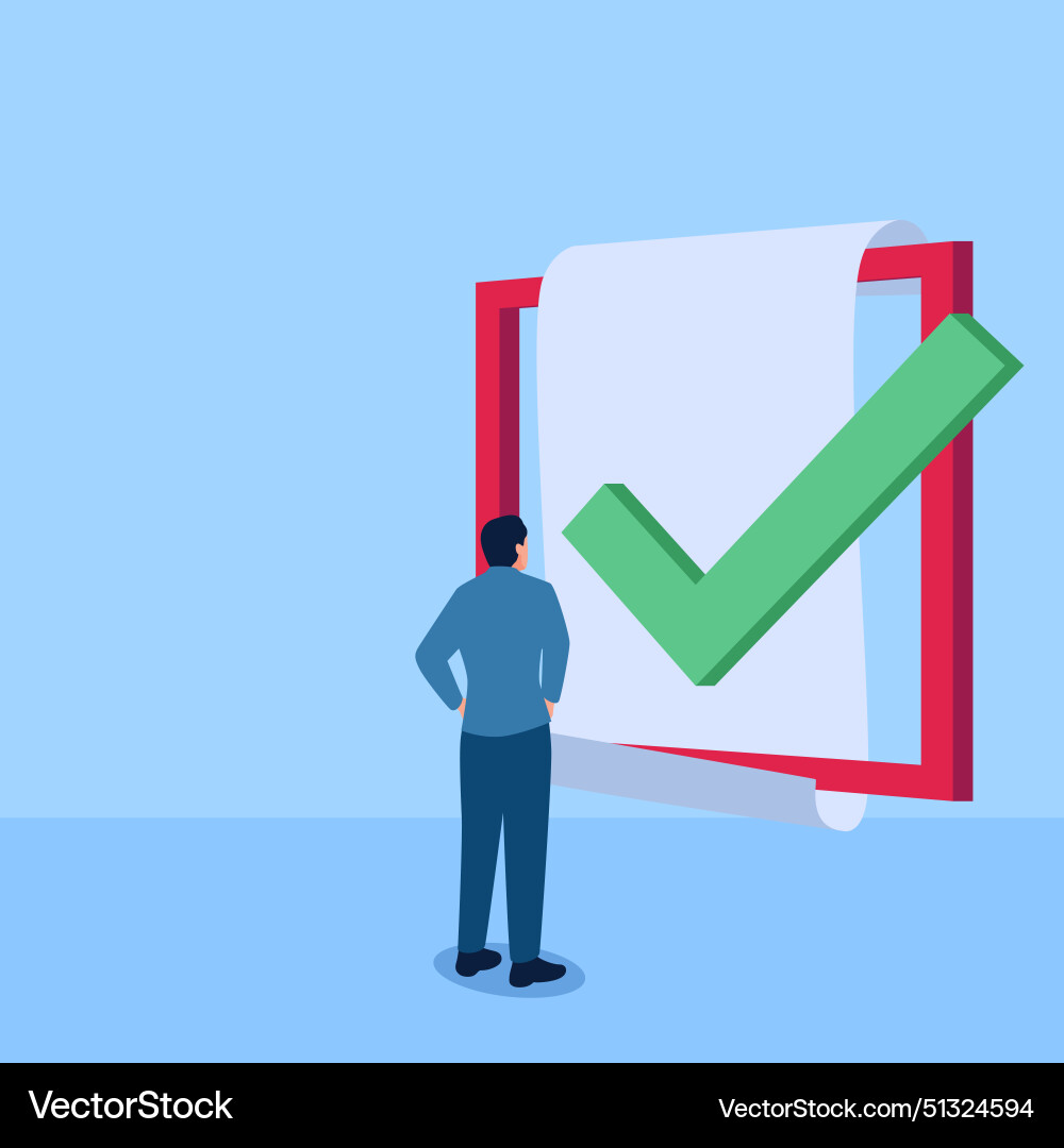 Person standing looking at paper with big check Vector Image