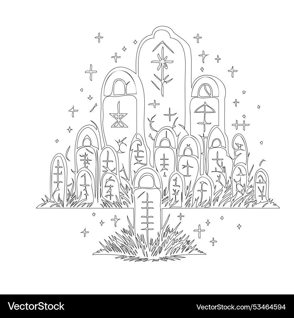 Scary graveyard outline sketch Royalty Free Vector Image