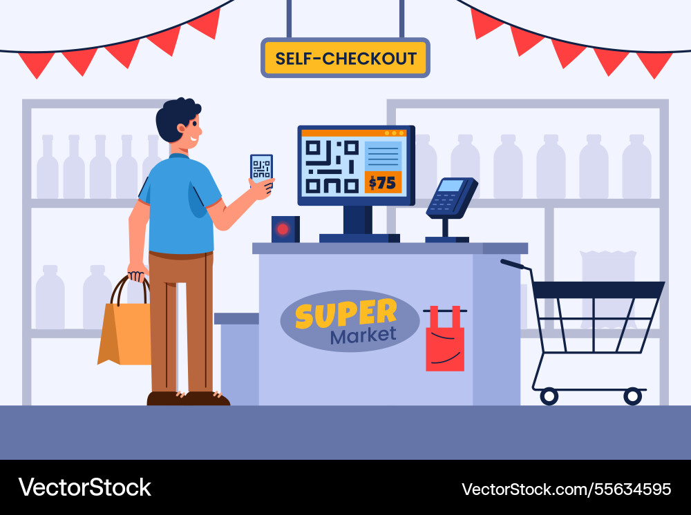 Buyer using self service cashier machine Vector Image