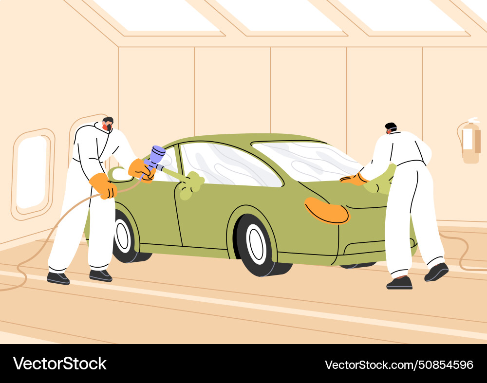 Car painters do bodywork using spraying gun in Vector Image