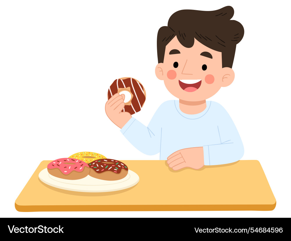 Junge essen Dessert Donut Cartoon Lizenzfreies Vektorbild
