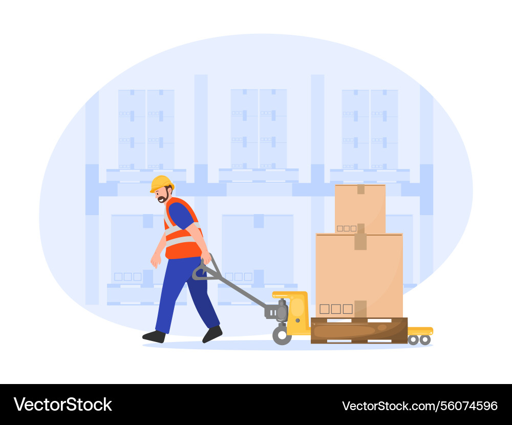Warehouse worker pushing a pallet jack Royalty Free Vector