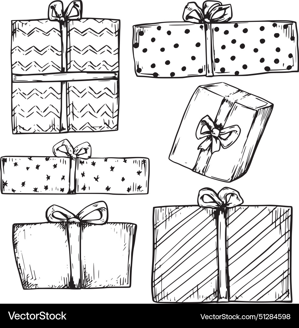 Gift box set vintage sketch drawing Royalty Free Vector