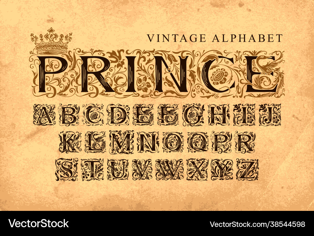 Wort Prinz setzen Vintage Alphabet Buchstaben Vektorbild