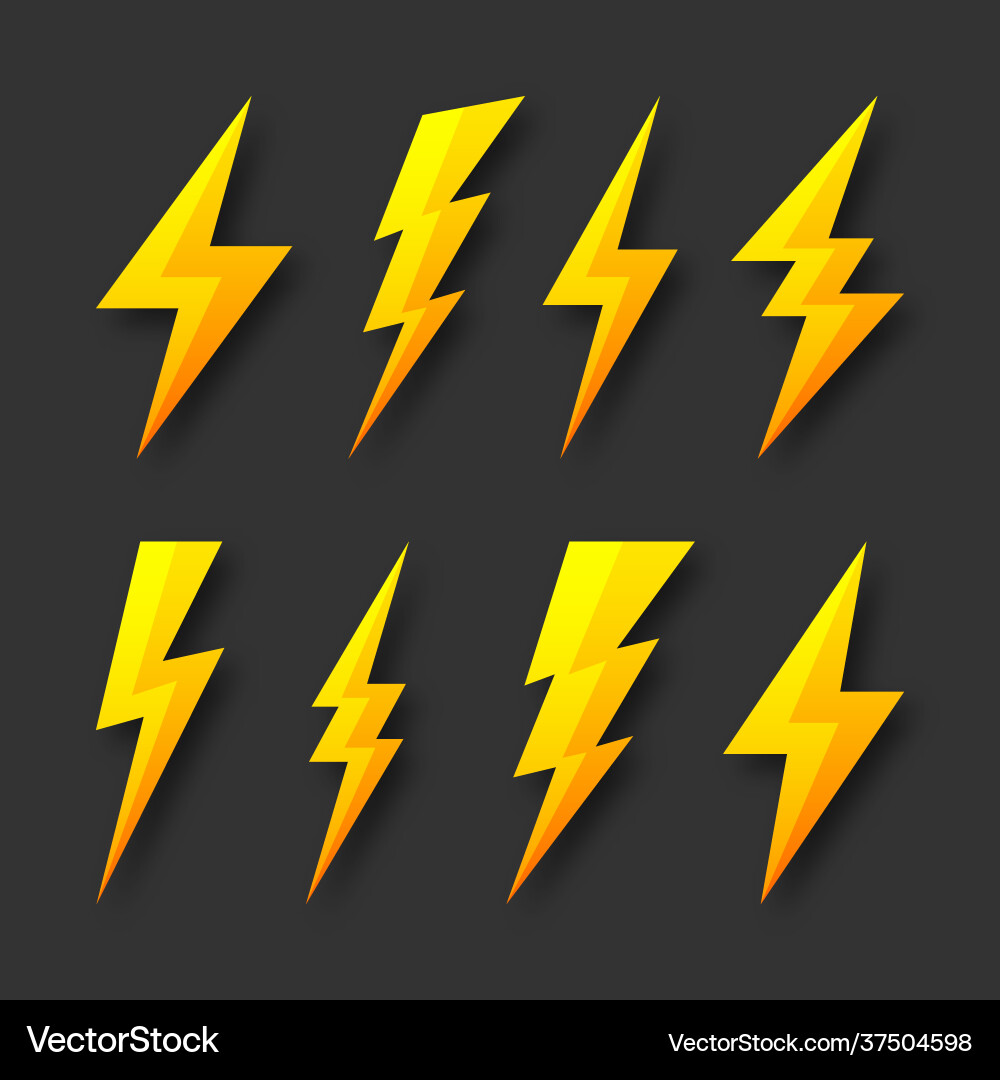 Yellow lightning bolt icons collection flash Vector Image