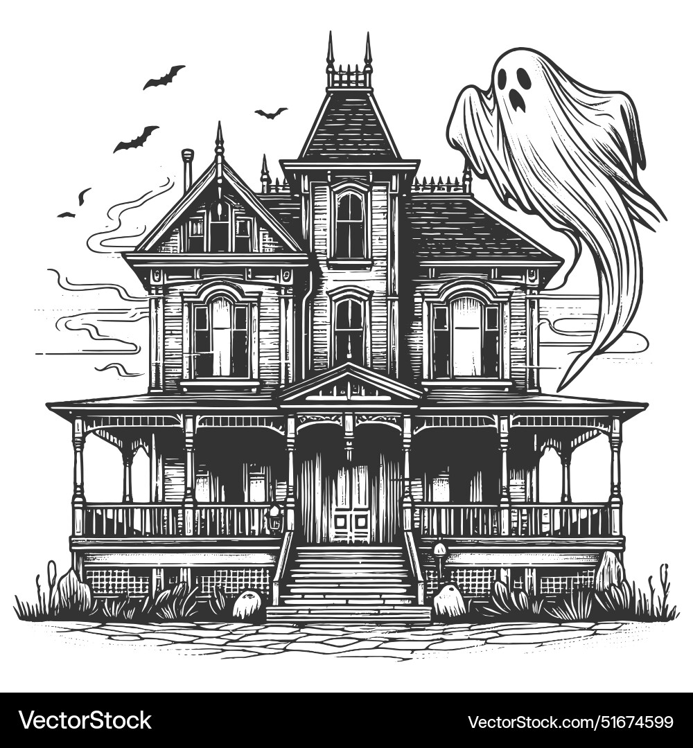 Haunted house with ghost engraving sketch Vector Image