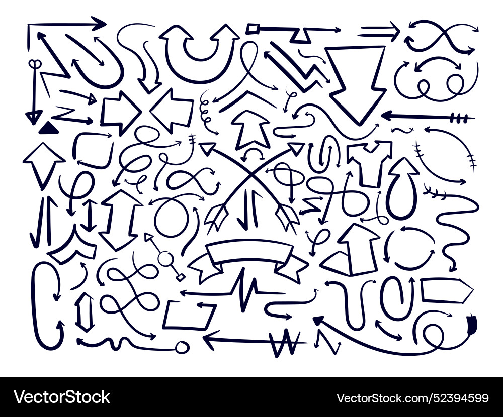 Random hand drawn arrow scribbles set Royalty Free Vector