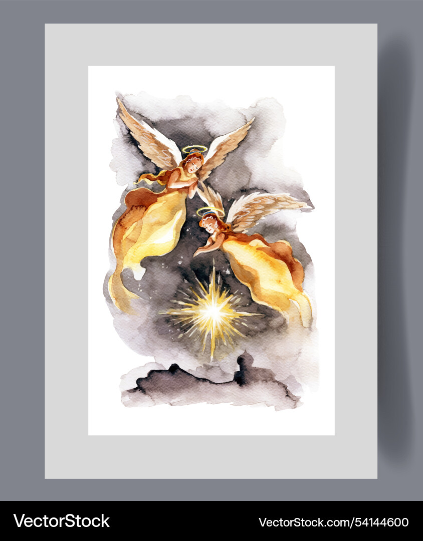 Angels fly in night sky around star symbolizing Vector Image