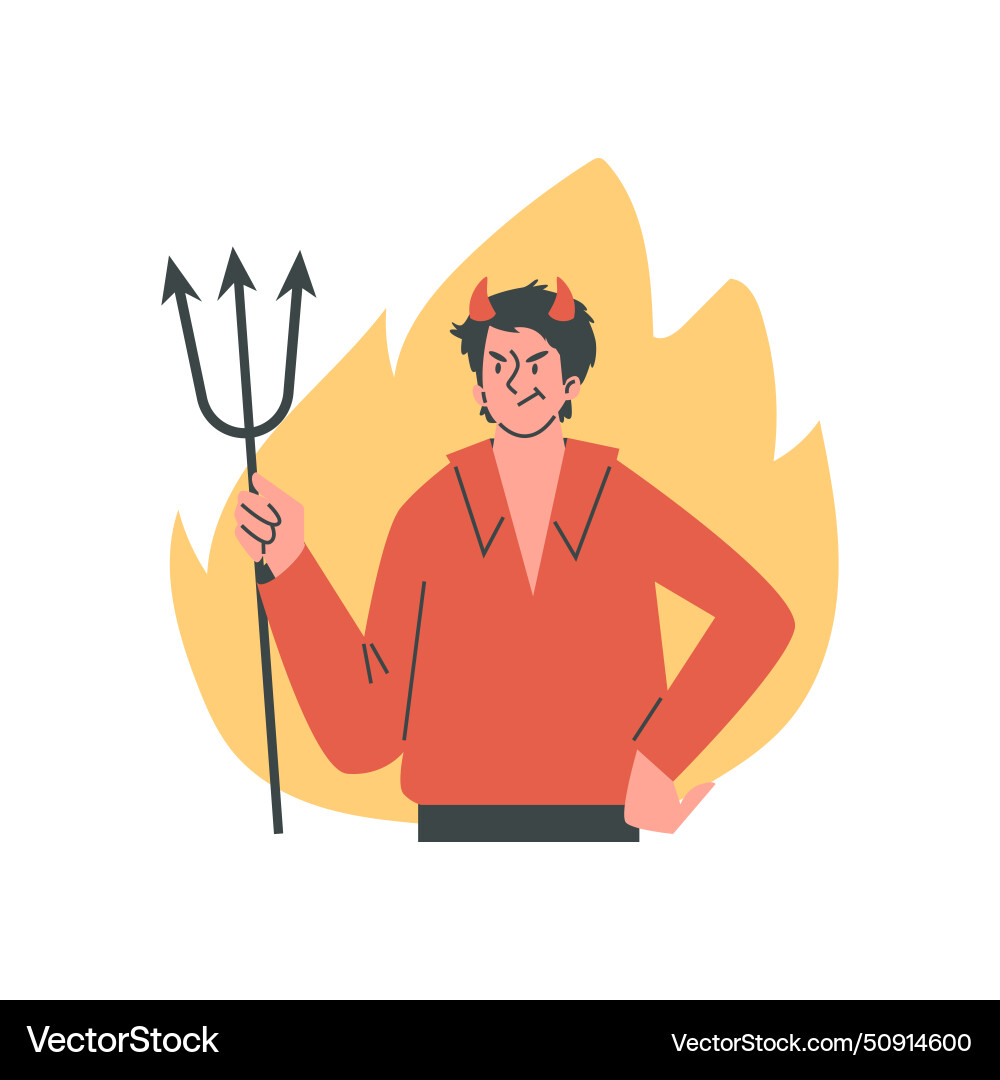 Horned devil with trident on flame background Vector Image