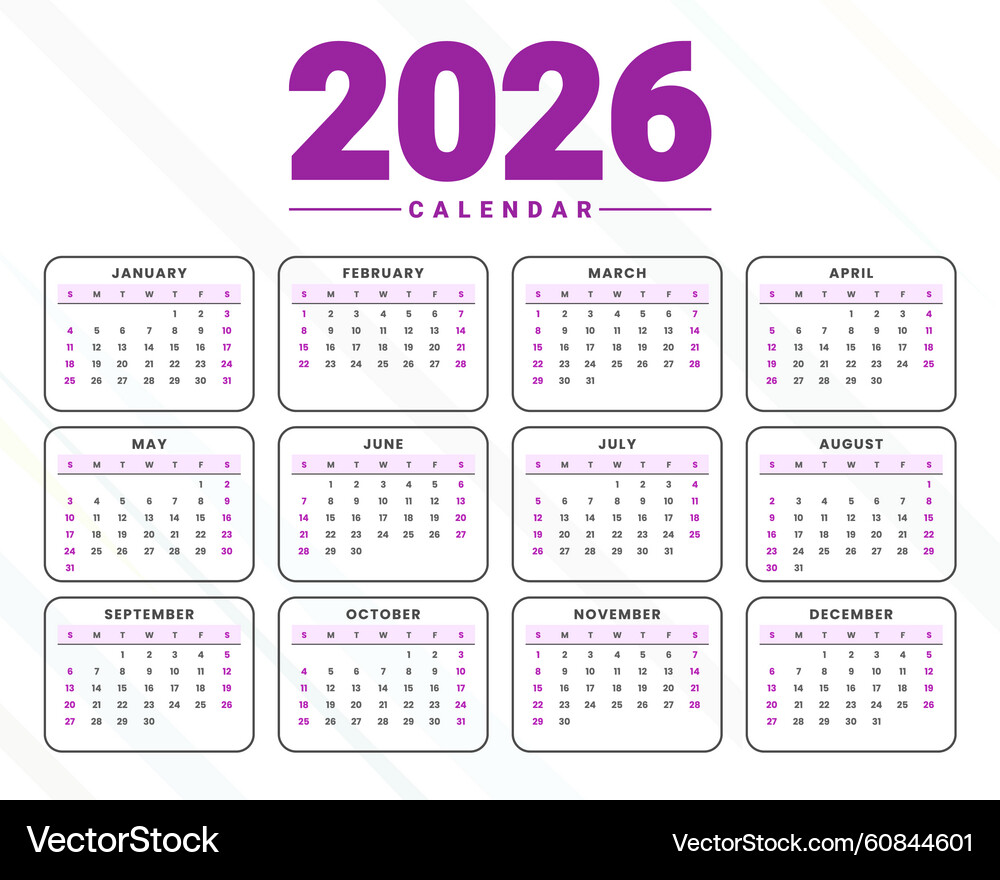 2026 Calendar - Sunday Start – Royalty-Free Vector | VectorStock