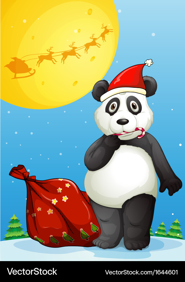A panda wearing santas hat while eating cane Vector Image