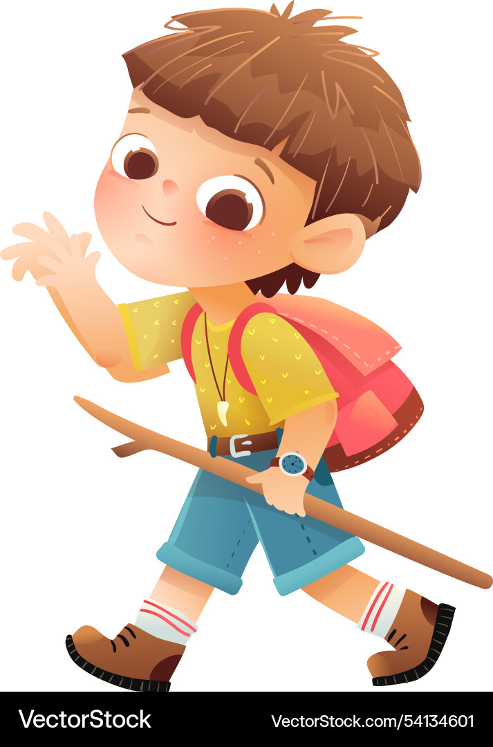 Active little backpacker boy going for adventure Vector Image