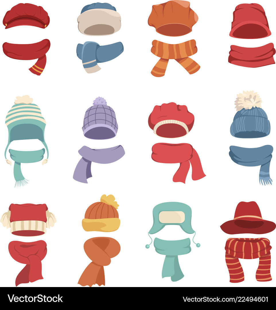 Autumn and winter hats with a warm scarf Vector Image