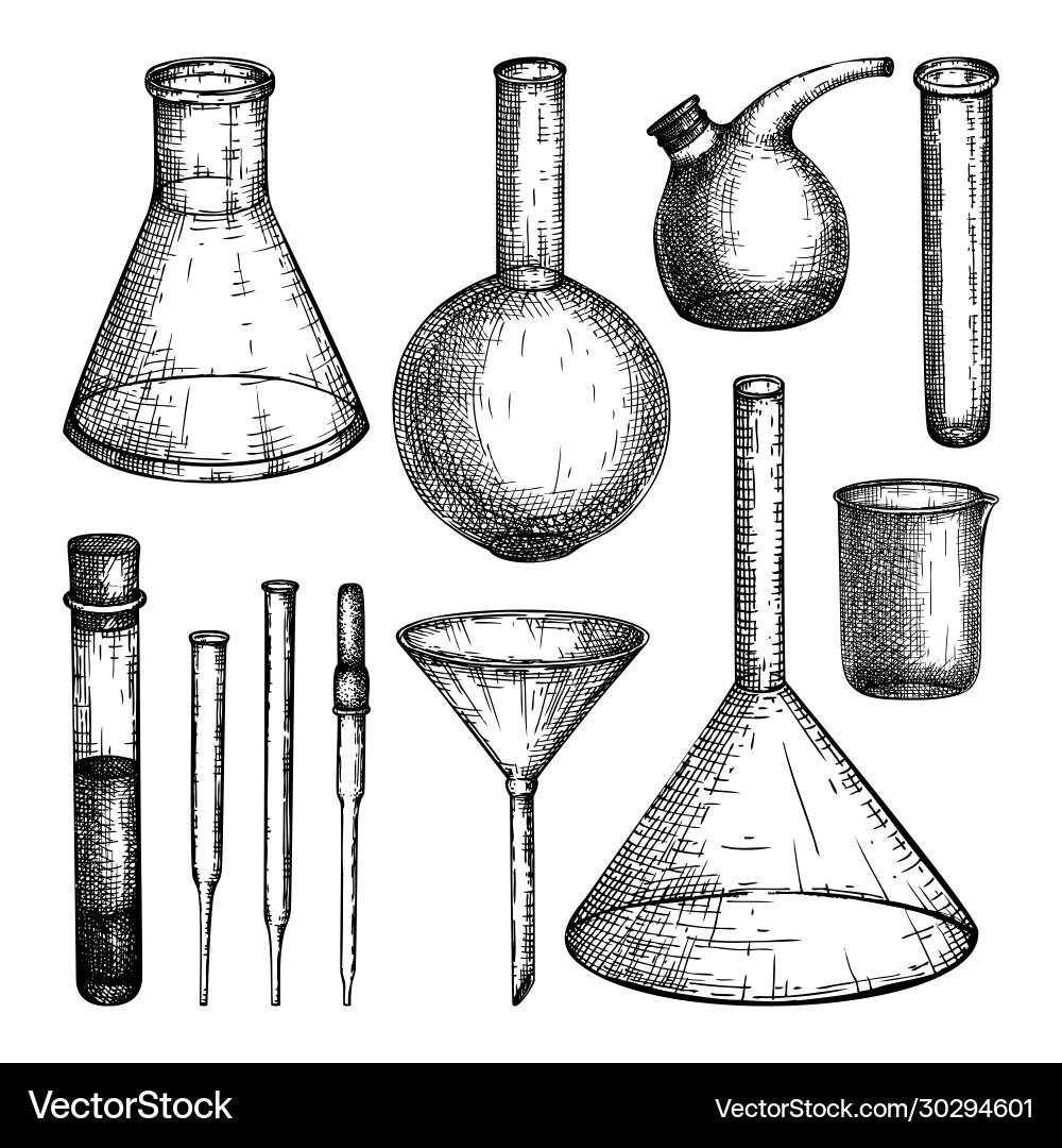 Laboratory equipment sketches set hand drawn Vector Image