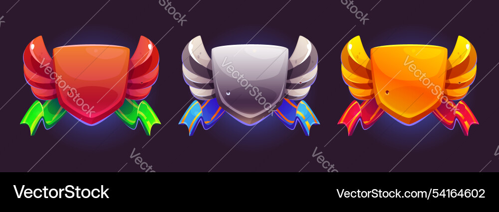 Game award shields with wings and ribbons Vector Image