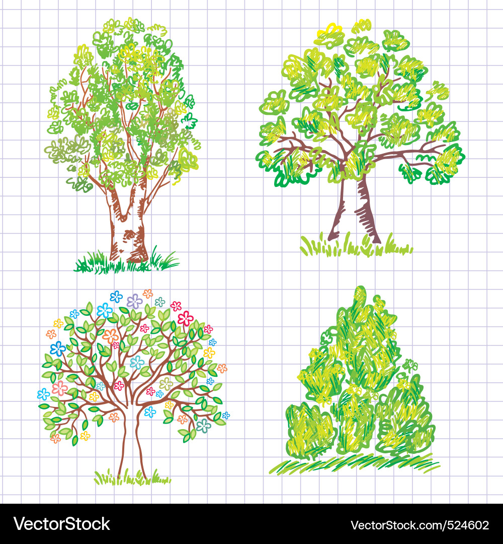 Green Doodle Tree Collection Royalty Free Vector Image