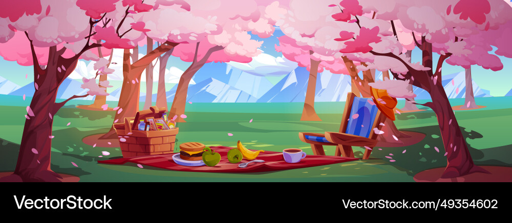 Picnic in spring sakura park cartoon background Vector Image