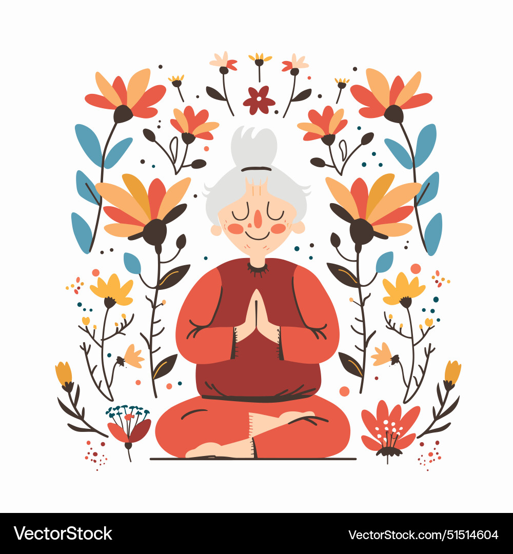 Elderly woman meditating surrounded flowers Vector Image Elderly woman meditating surrounded flowers Vector Image