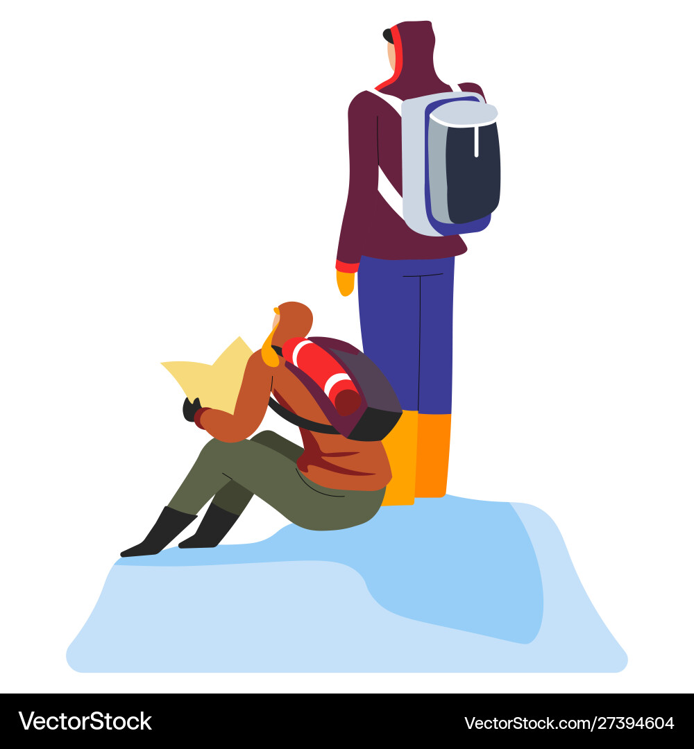 Hikers Reading Route Map in Snow Royalty Free Vector Image