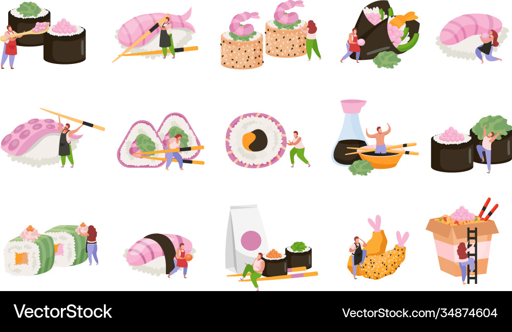 Sushi flat recolor icon set Royalty Free Vector Image