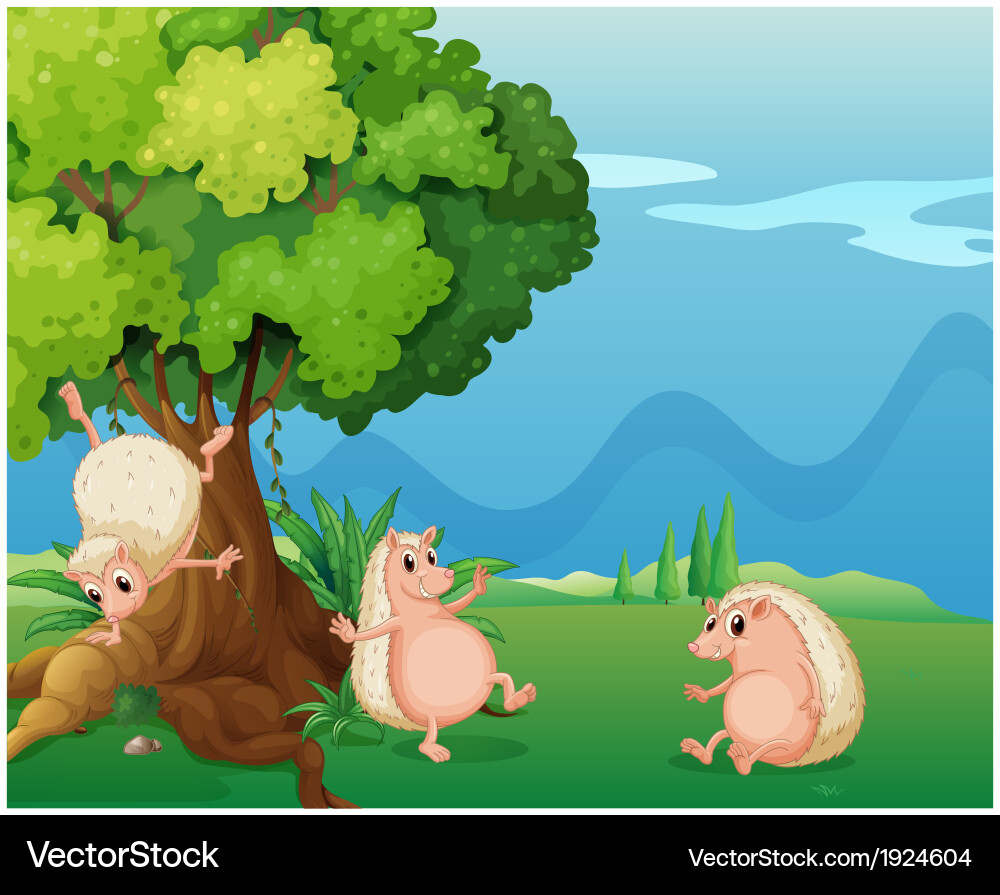 Three playful molehogs near the old tree Vector Image