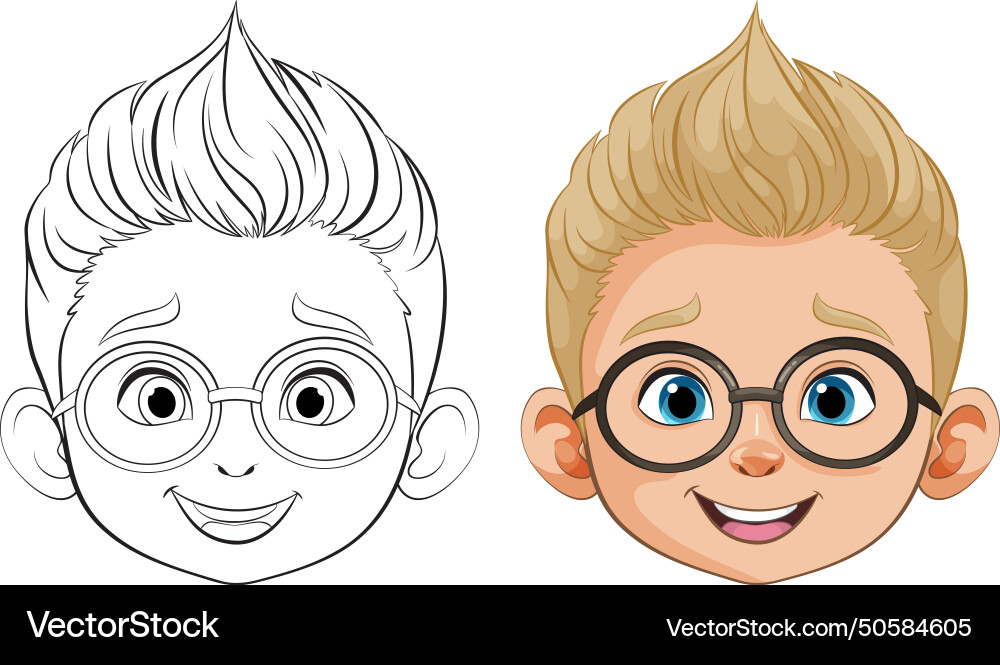 Cartoon boys face before and after coloring Vector Image