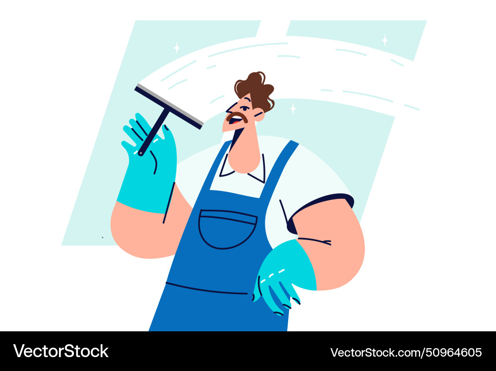 Man window cleaner cleans glass polishing surface Vector Image