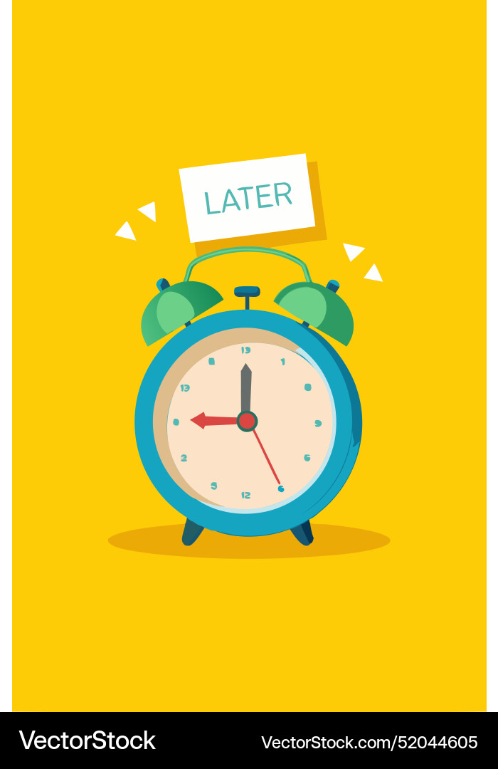 Procrastination alarm clock on yellow background Vector Image